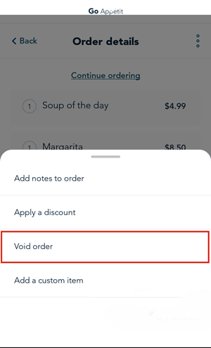 Void a takeout order before payment